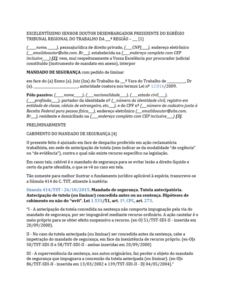 Modelo Mandado de Seguranca Trabalhista | PDF | Mandamus | Sentença ... Modelo Mandado de Seguranca Trabalhista | PDF | Mandamus | Sentença ...