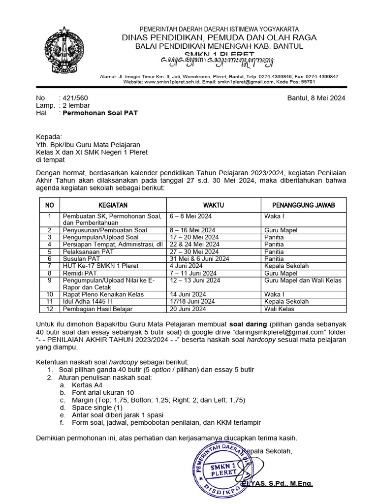 Permohonan Soal, Form Soal, Jadwal, Bobot, KKM | PDF