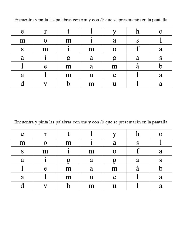 Palabras con /m/ y /l/ para pintar | PDF