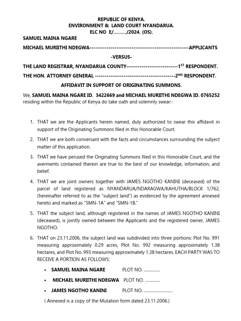 Samuel Ngare and Michael Muriithi - Amended Originating Summons ...