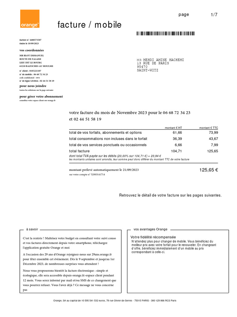 Facture Orange de Septembre 2023 | PDF | Facture | Taxe sur la valeur ...