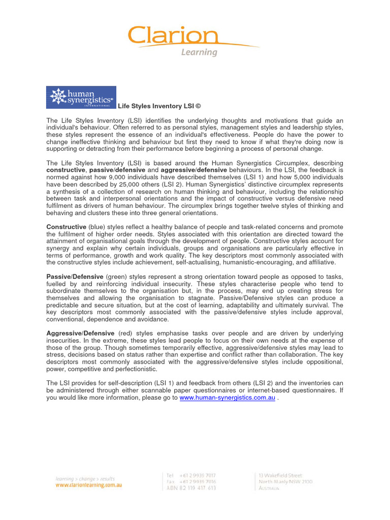 Life Styles Inventory LSI | PDF | Thought | Organizational Behavior