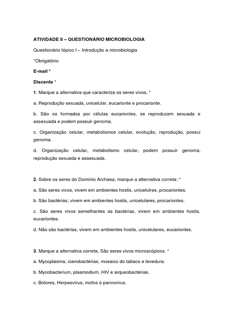Atividade II Questionário Microbiologia | PDF | Bactérias | Célula (Biologia)