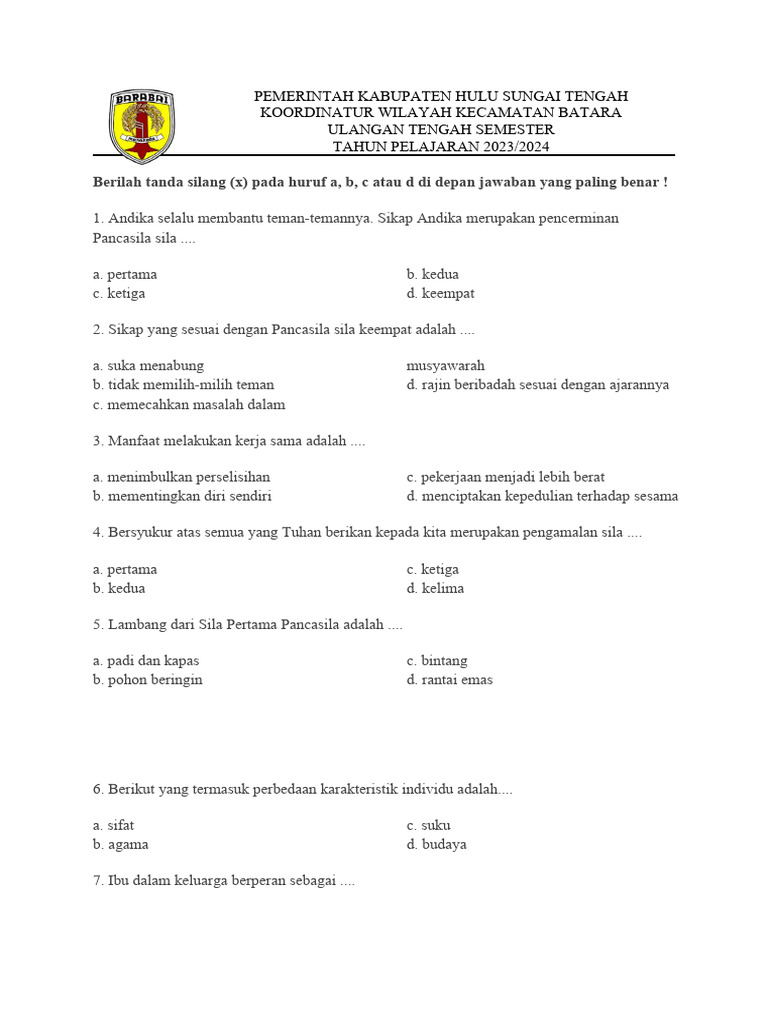 Soal UTS Pancasila dan Karakter 2023 | PDF