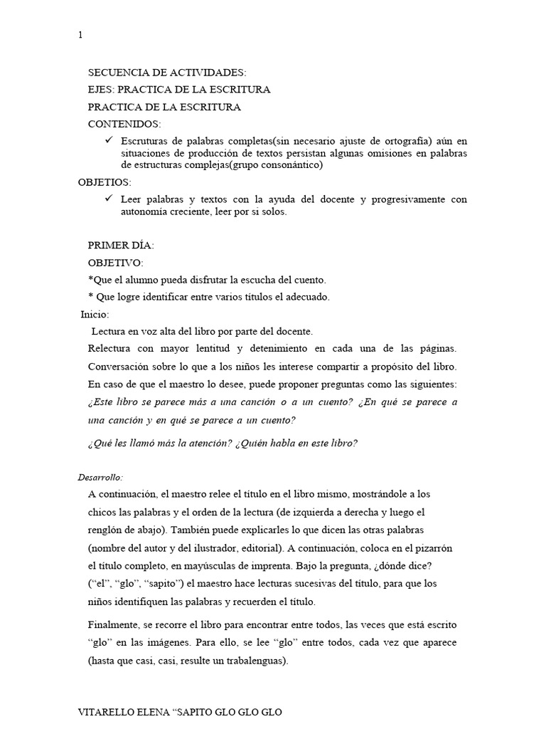 Secuencia Didactica El Sapito Glo Glo Glo 2022 | PDF