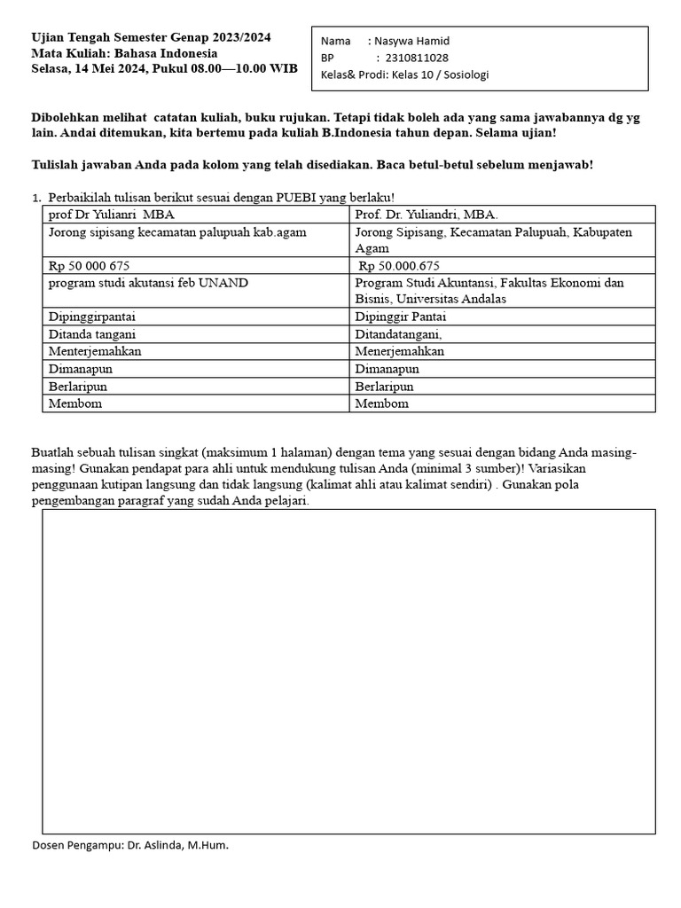 Nasywa Hamid 2310811028 Uts Bindo | PDF | Ilmu Sosial