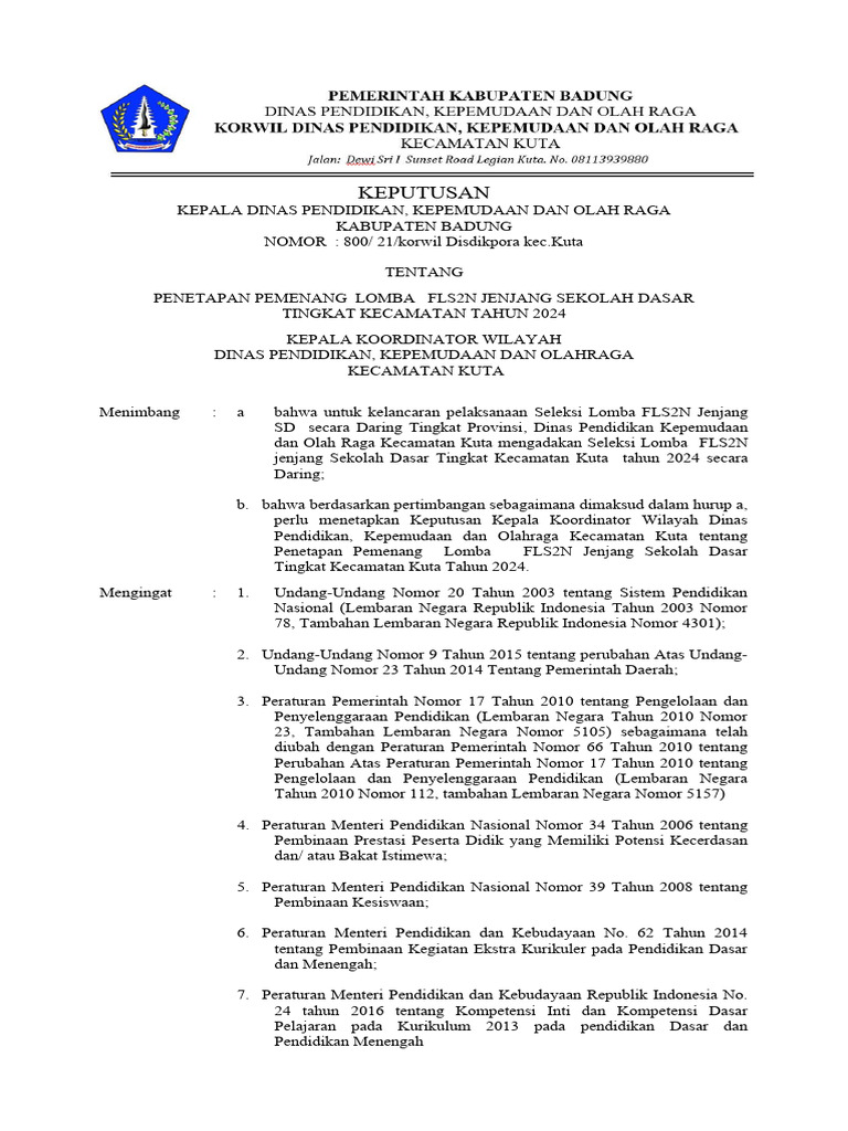 SK PENETAPAN PEMENANG LOMBA FLS2N Kec. Kuta TH 2024 | PDF