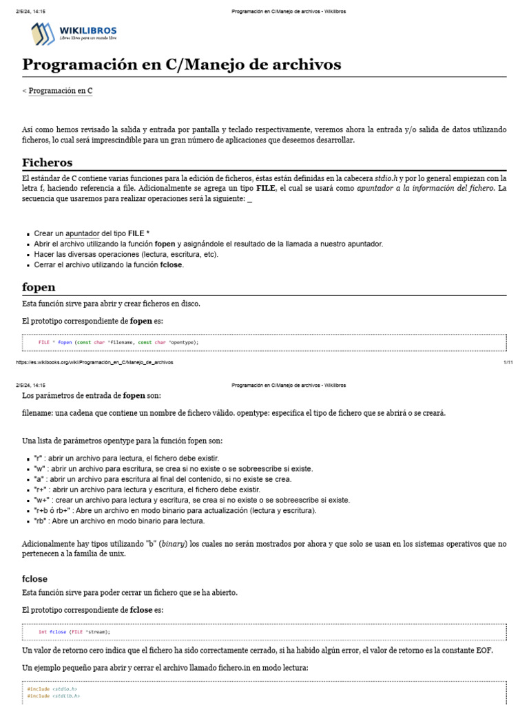 Programación en C - Manejo de Archivos - Wikilibros | Descargar gratis PDF | Puntero ...
