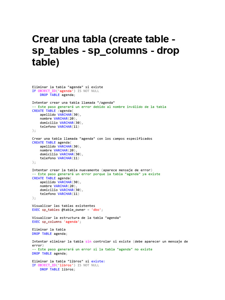 Creación y Gestión de Tablas SQL | PDF | Informática | Programación de computadoras