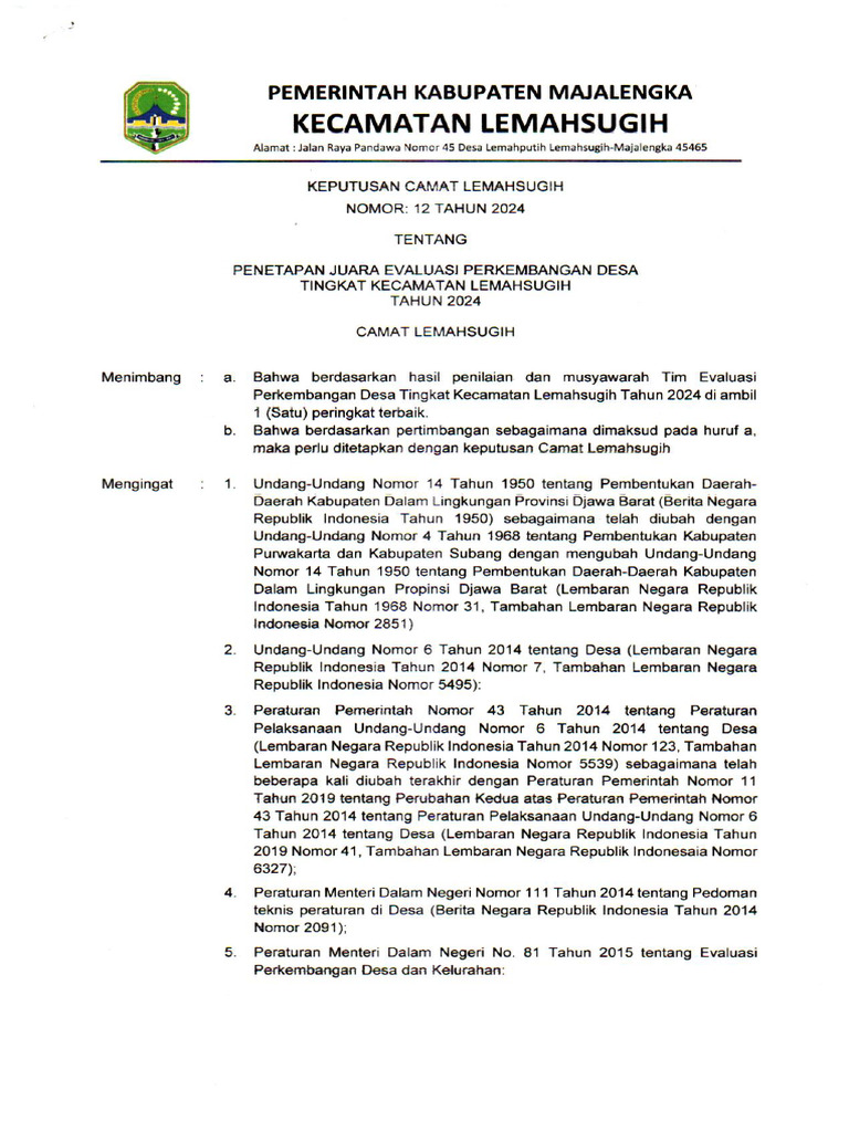 SK Penetapan Juara Lomba Kecamatan | PDF