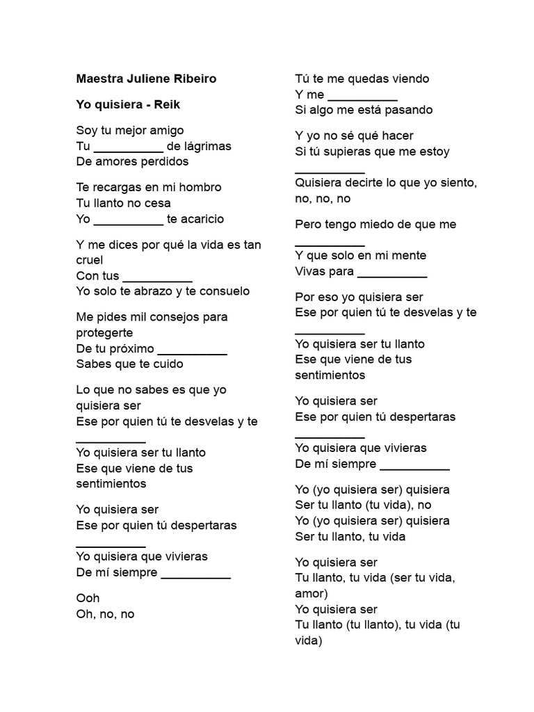 Letras de "Yo Quisiera" de Reik | PDF | Relaciones personales, crianza ...