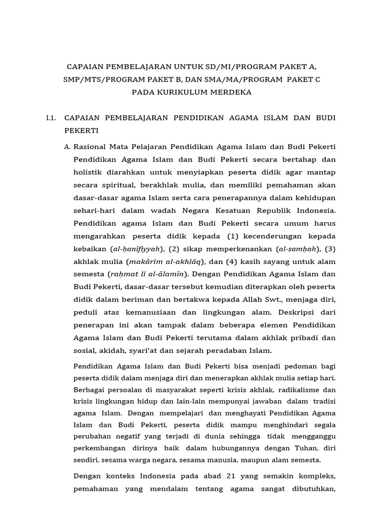Capaian Pembelaran PAI & BP SD,SMP,SMA Kurikulum Merdeka 2022 | PDF