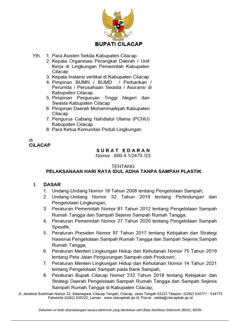 Surat Edaran, Pelaksanaan Hari Raya Idul Adha Tanpa Sampah Plastik | PDF