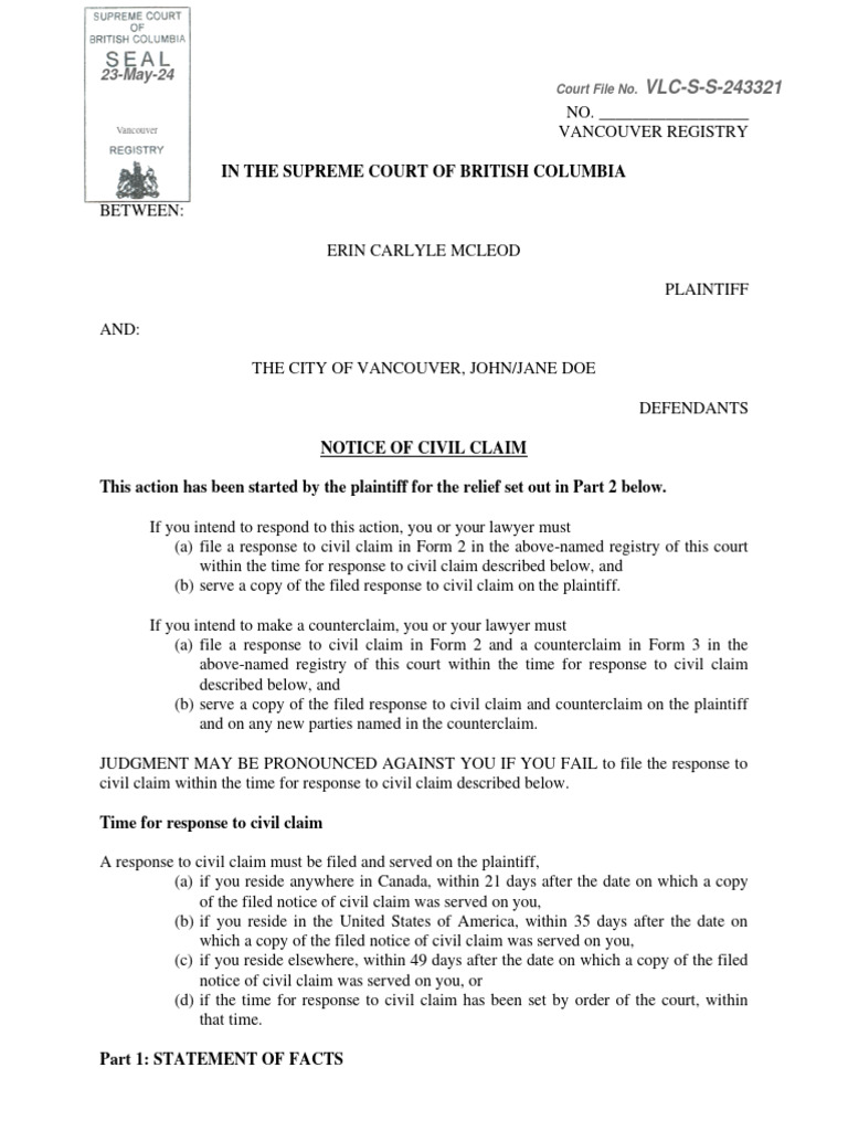 Notice of Civil Claim | PDF | Damages | Cause Of Action