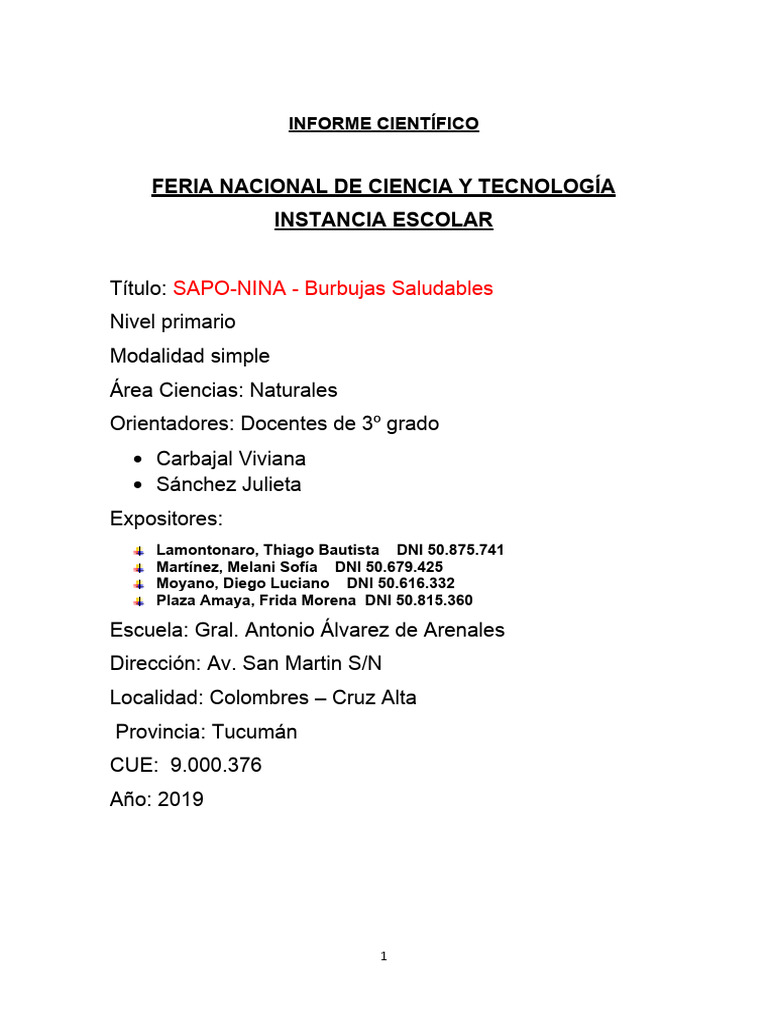 Informe Cientifico Feria de Ciencia Saponina Arenales 3° Grado | PDF