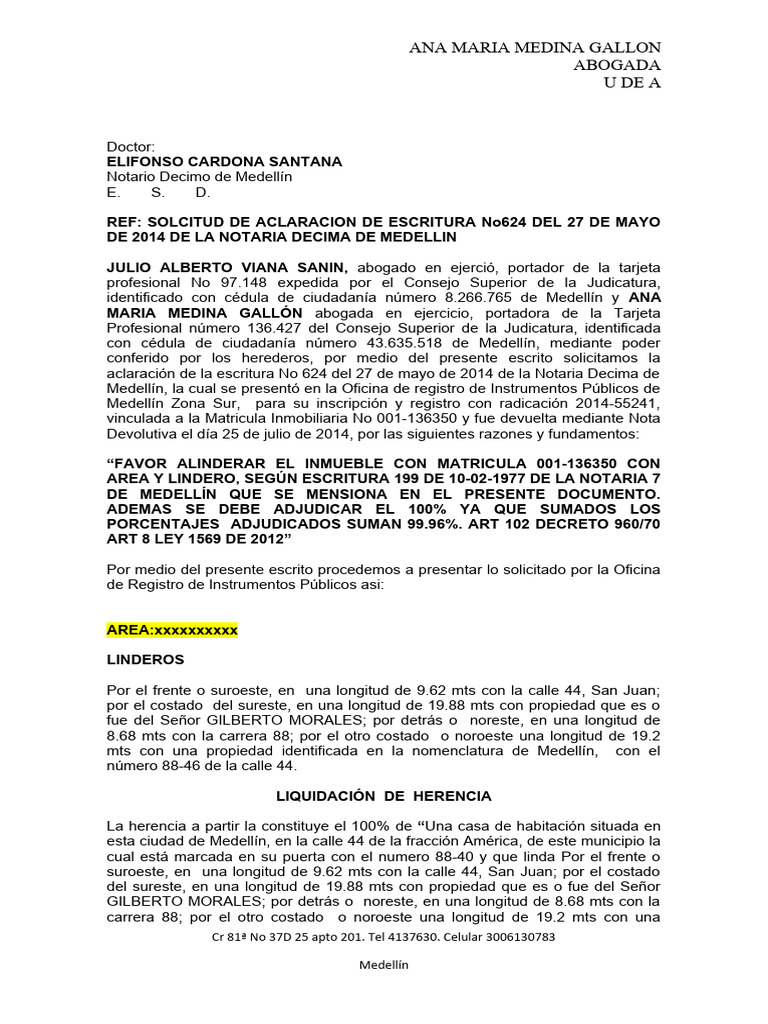 Solictud de Aclaracion de Escritura | PDF | Ley común | Ley de Tierras