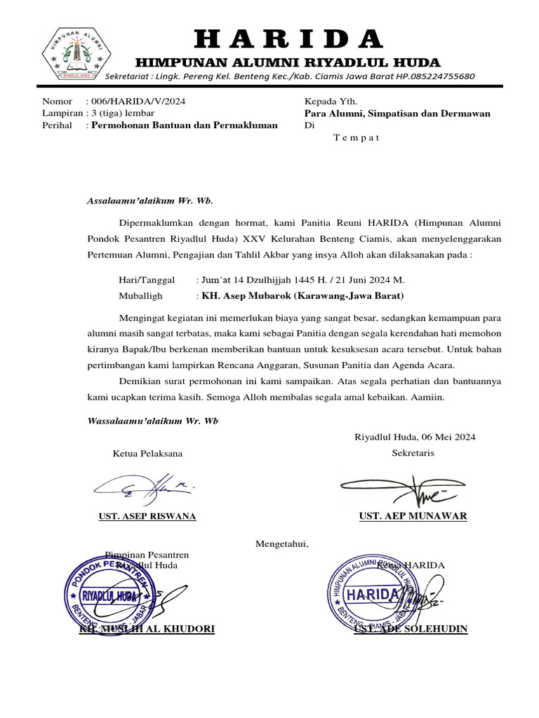 Surat Permakluman Reuni Harida 2024 | PDF