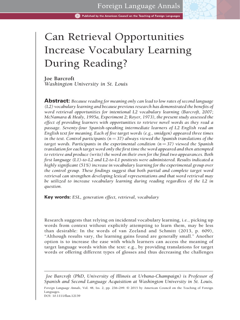 Can Retrieval Opportunities Increase Voc | PDF | Recall (Memory) | Learning