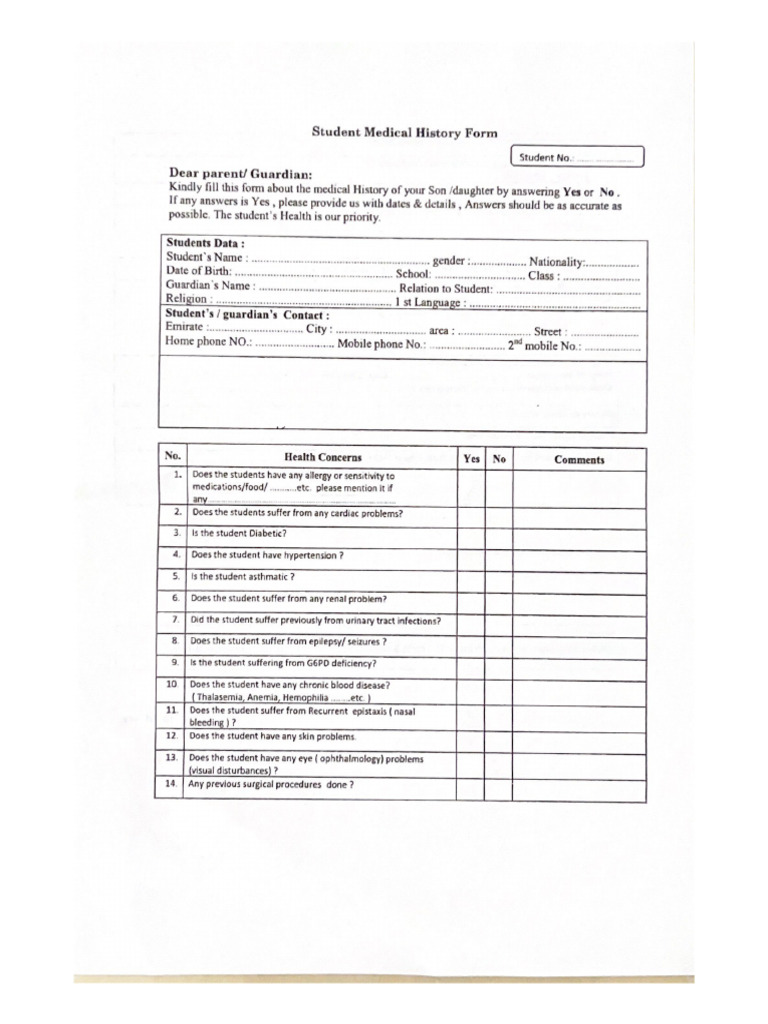 Student Medical History Form | PDF