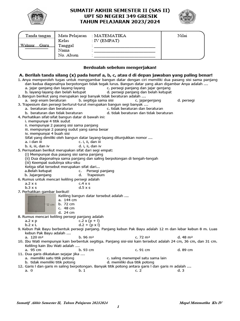 Soal Matematika Kelas IV SAS II | PDF | Griya & Taman