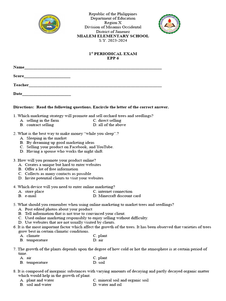 First Grading Exam EPP 6 | Download Free PDF | Soil | Fertilizer