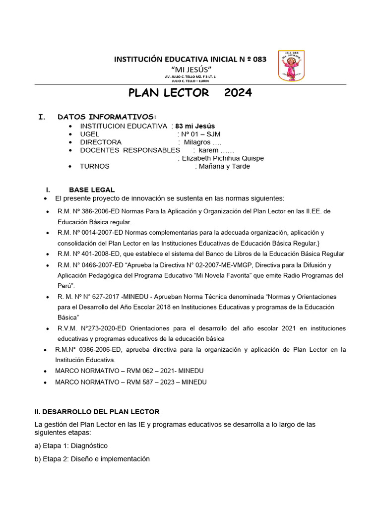 PLAN Lector 2024 | PDF | Comprensión lectora | Salón de clases