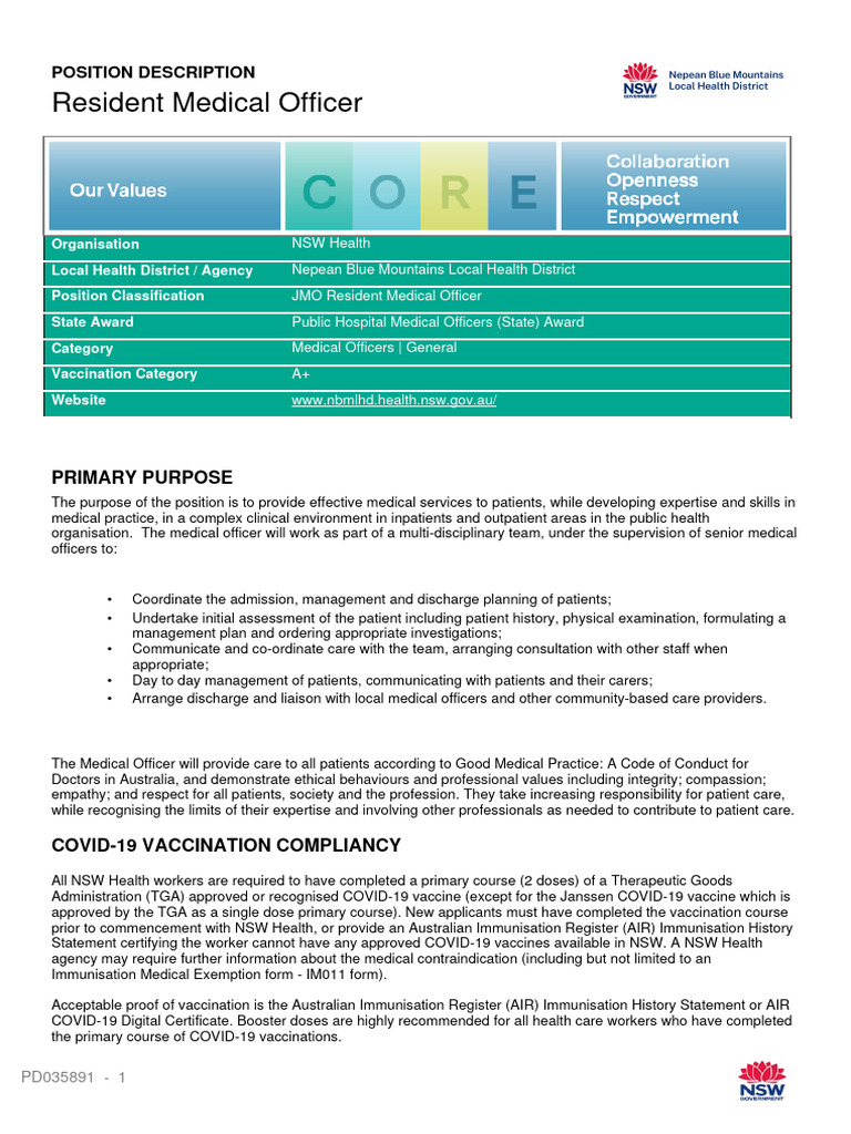 NSWH - Position Description | PDF | Patient | Health Care