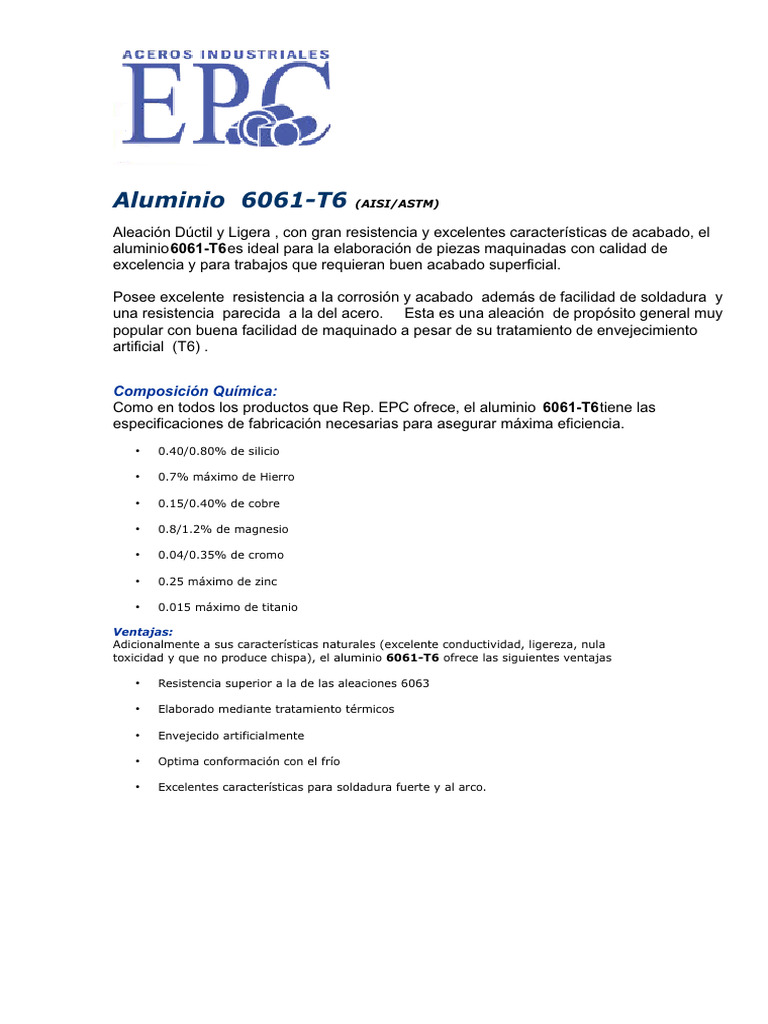 Ficha Técnica del Aluminio 6061-T6 | PDF | Aluminio | Aleación