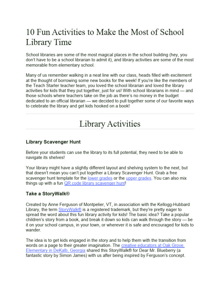 10 Fun Activities To Make The Most of School Library Time | PDF | Libraries