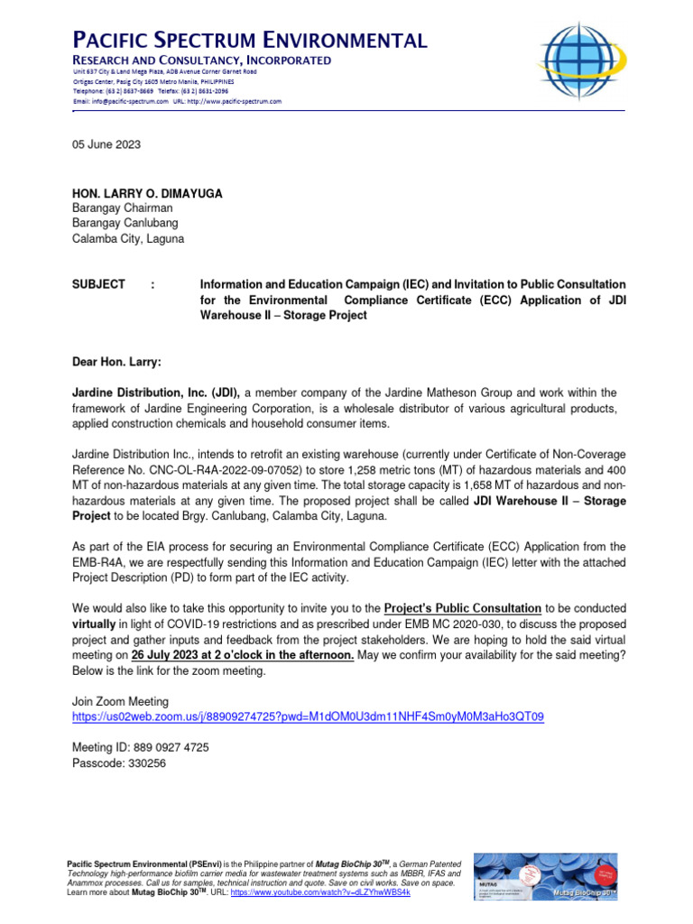 P660 JDI Warehouse II - Storage Project IEC Letter and PD - Canlubang ...