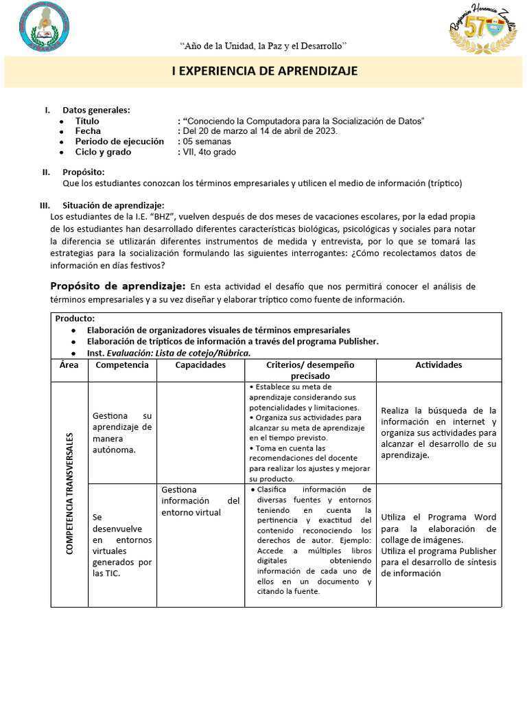 Experiencia 1 Para 4to Grado Pdf Evaluación Aprendizaje