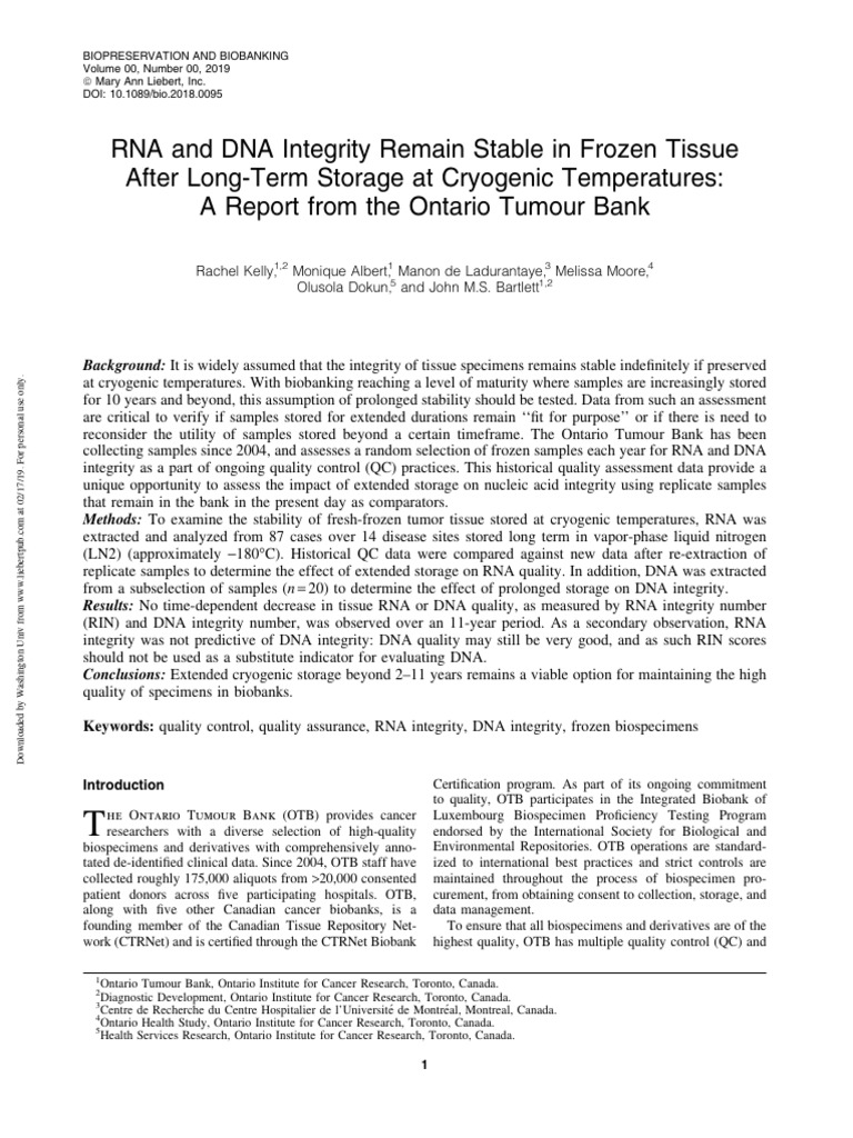 Long-Term RNA/DNA Integrity in Biobanks | PDF | Dna | Biology
