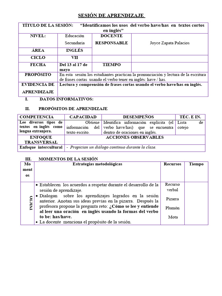 Sesion Have and Has | PDF | Verbo | Aprendizaje