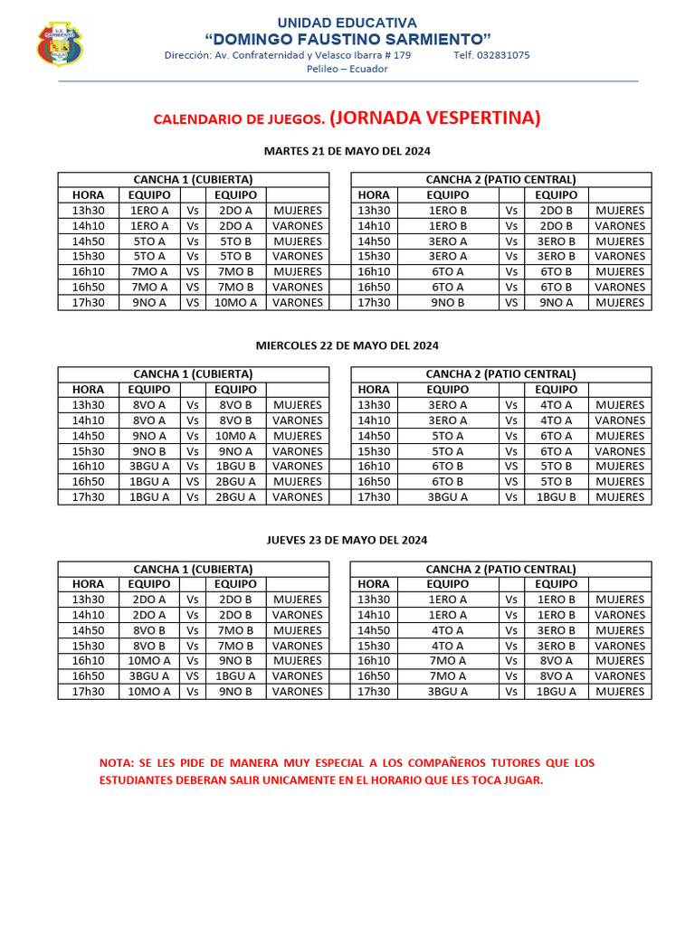 Calendario de Juegos Vespertina | PDF
