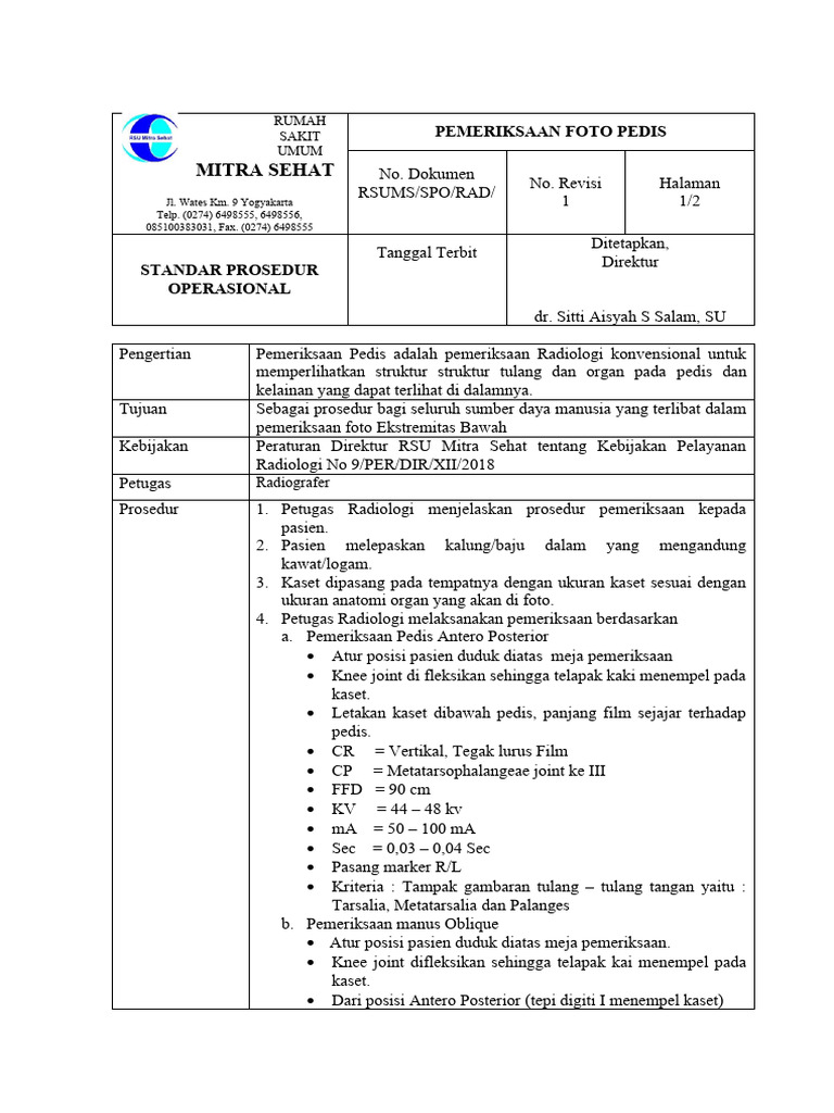 Prosedur Pemeriksaan Foto Pedis RSU Mitra Sehat | PDF