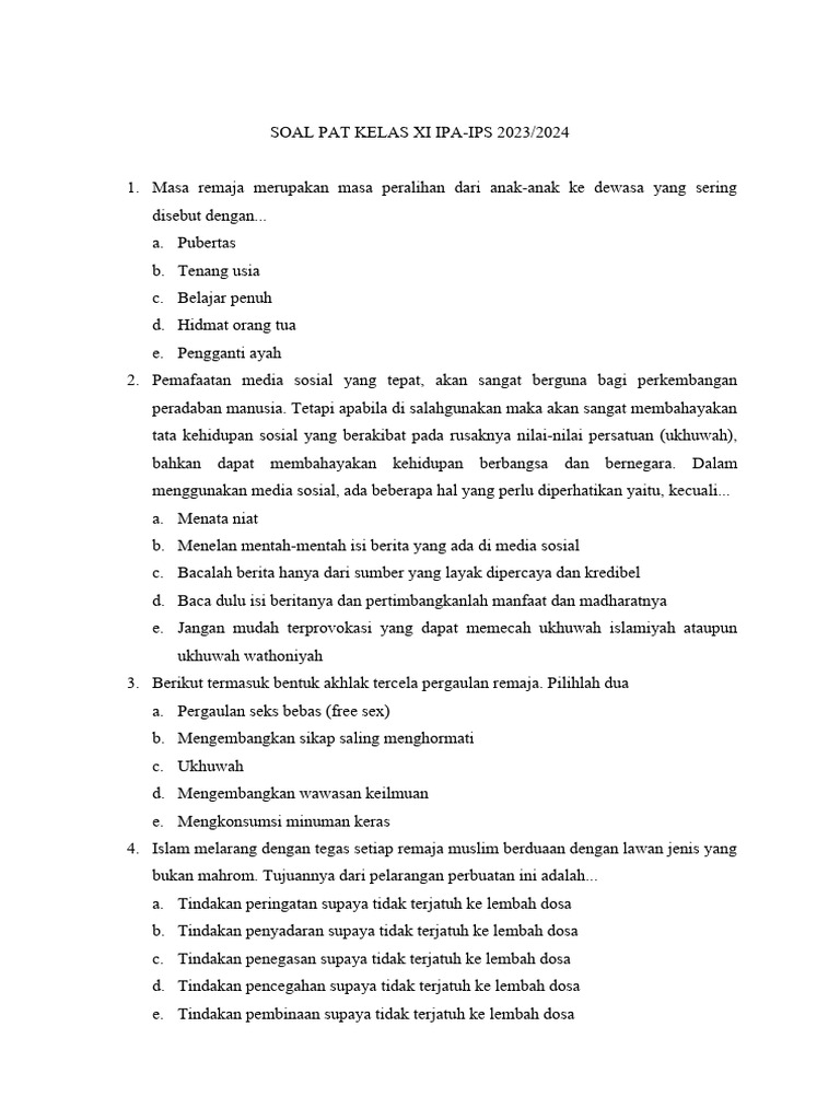 PAT XI IPA-IPS Akidah Akhlak 2023-2024 | PDF