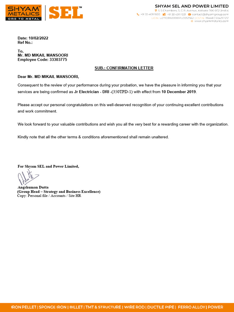 MD MIKAIL MANSOORI Confirmation Letter 33303775 1 5 24 12 2019 955F2796 | PDF