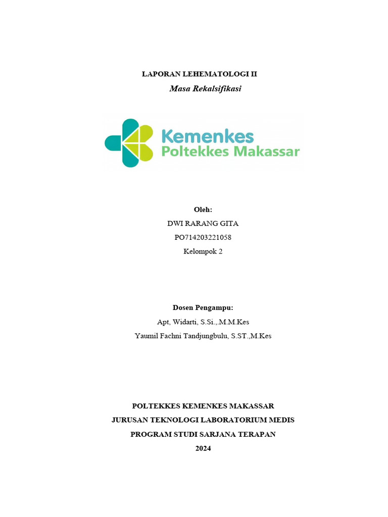 Pemeriksaan Masa Rekalsifikasi Plasma | PDF | Kesehatan Holistik ...