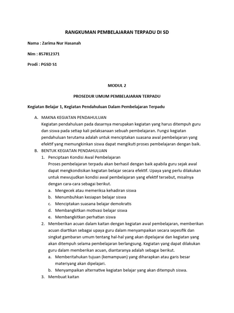 RINGKASAN PEMBELAJARAN TERPADU DI SD Modul 2&3 | PDF | Karier & Perkembangan | Pengembangan Diri