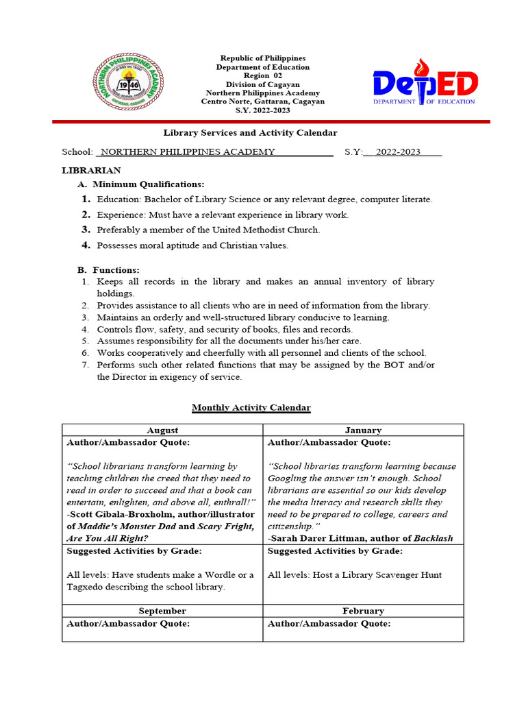 Library Services and Activity Calendar | Download Free PDF | School ...