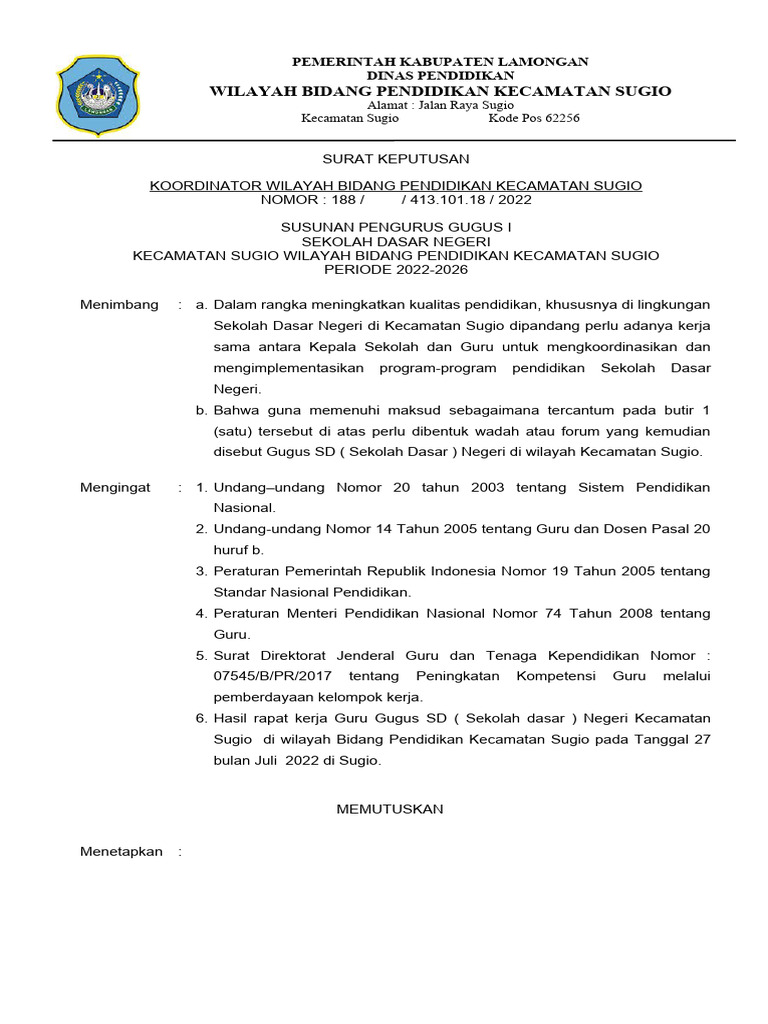 Pengurus Gugus SD Kecamatan Sugio 2022-2026 | PDF