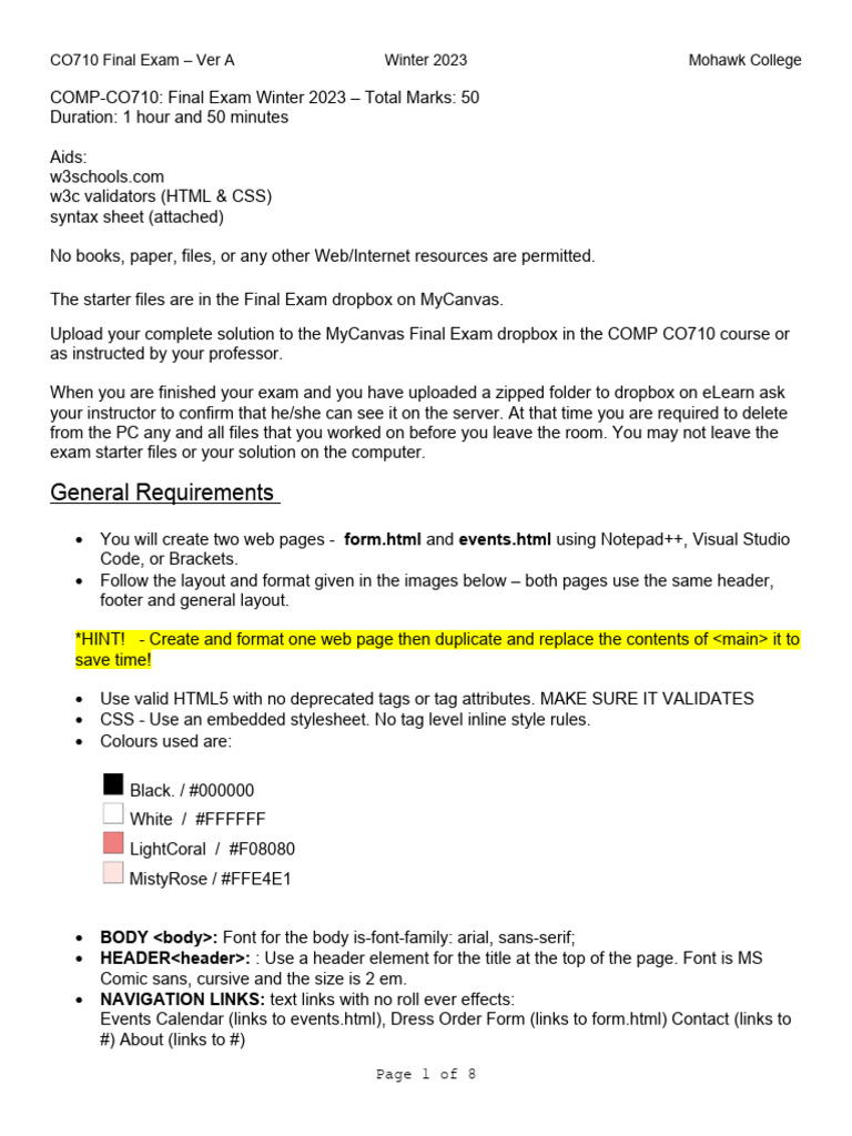 COMP CO710 Final Exam W2023 B | PDF | Html Element | Html