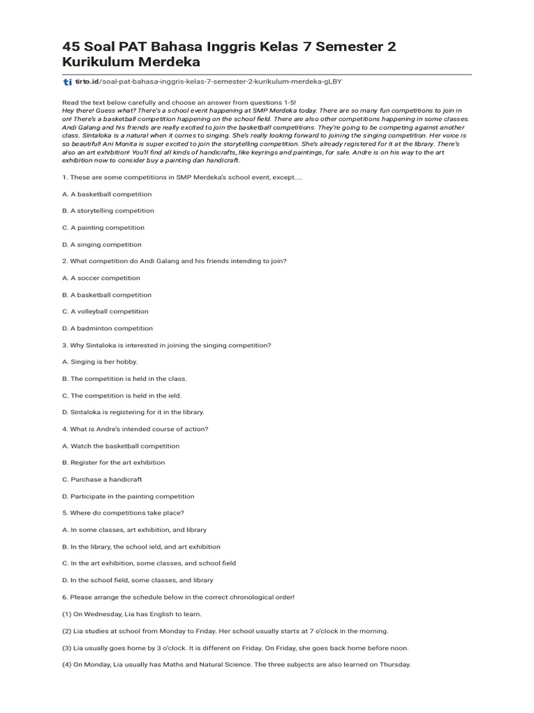 45 Soal PAT Bahasa Inggris Kelas 7 Semester 2 Kurikulum Merdeka | PDF