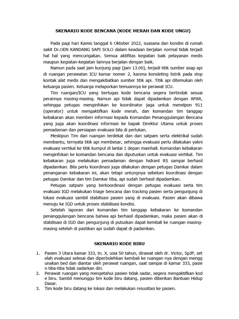 SKENARIO Code Red Dan Code Blue Akreditasi RS 2022 | PDF