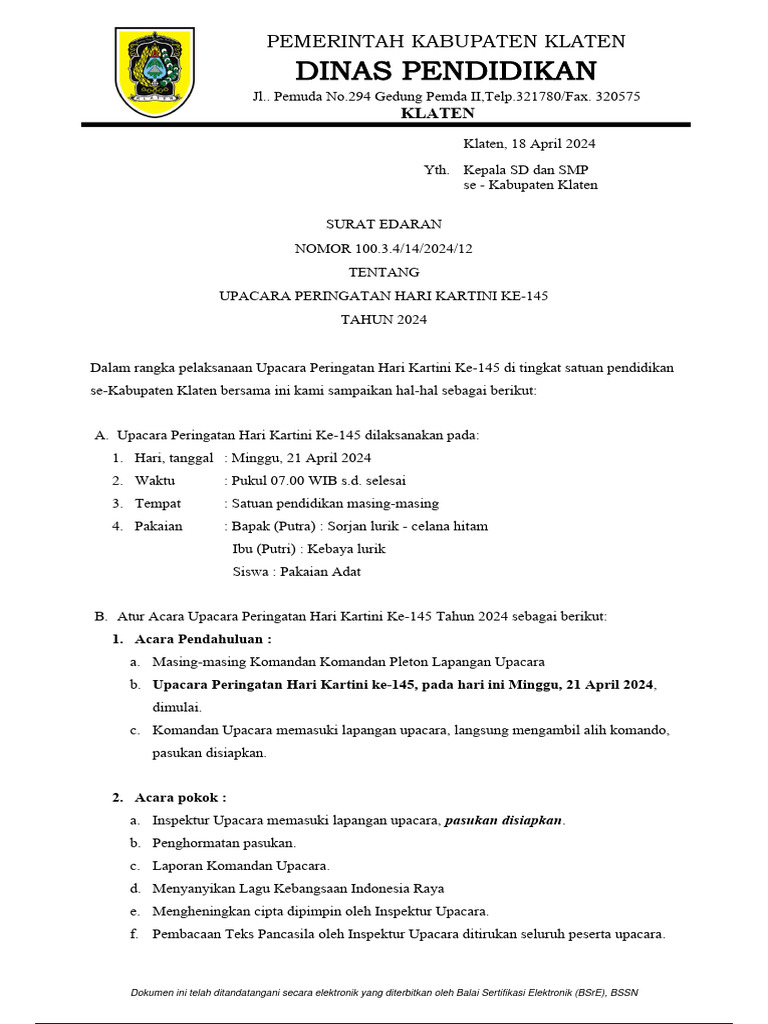 Surat Edaran Hari Kartini 2024 | PDF