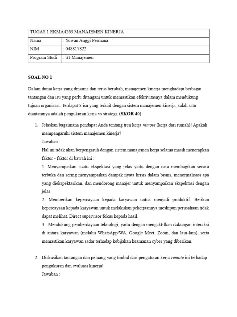 Tugas 1 Ekma4263 Manajemen Kinerja | PDF | Bisnis