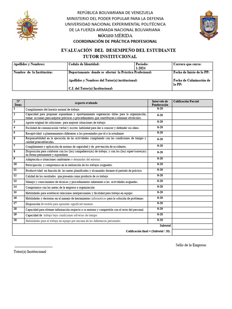 ADJUNTO 10-ANEXO D_EVALUACION DEL ESTUDIANTE POR TUTOR INSTITUCIONAL (1) | PDF | Business