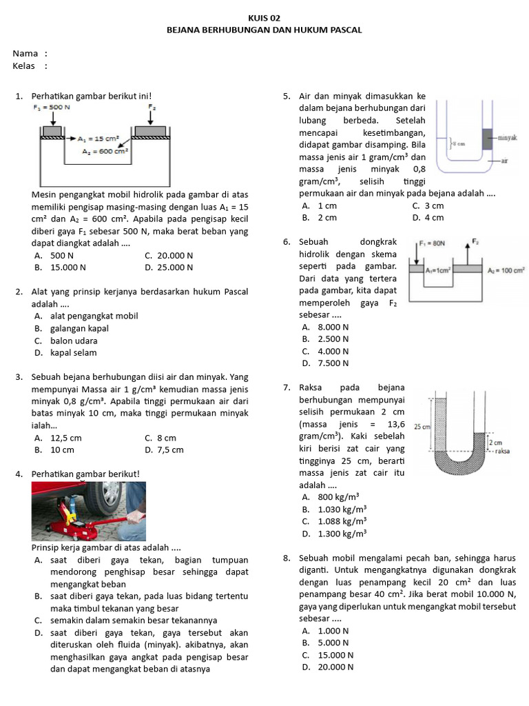 Kuis 02 Kelas VIII (Bejana Berhubungan Dan Hukum Pascal) | PDF