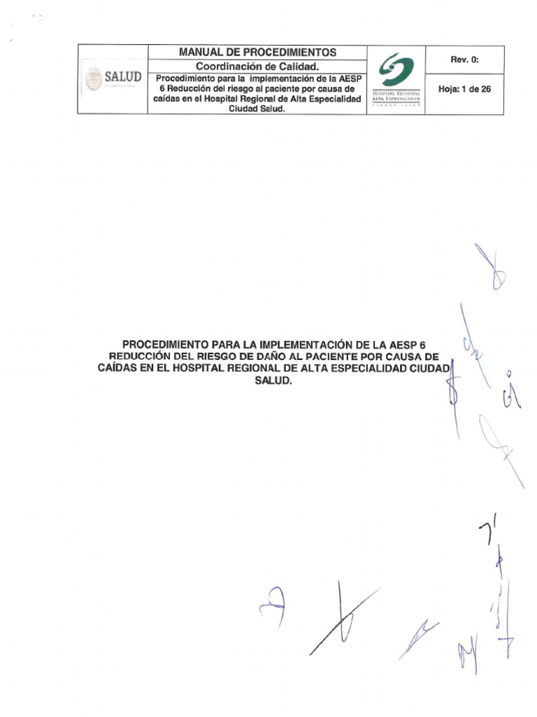 Procedimiento Implementacion AESP 6 Reduccion Del Riesgo de Dano Al Paciente Por Causa Caidas ...