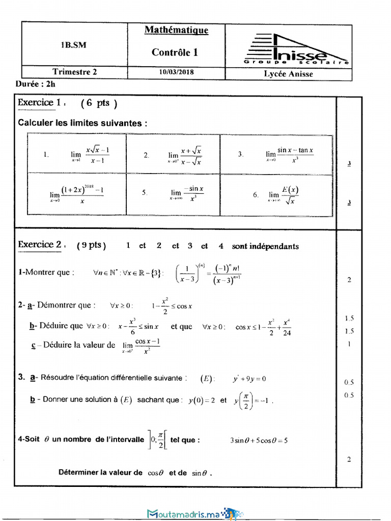 Devoir Maths 1bac SM International FR s2 2 | PDF